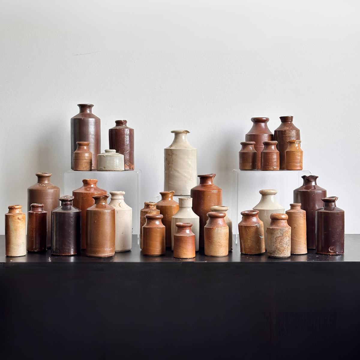 Antique Victorian Brown Salt Glazed Stoneware Ink Pots Bottles